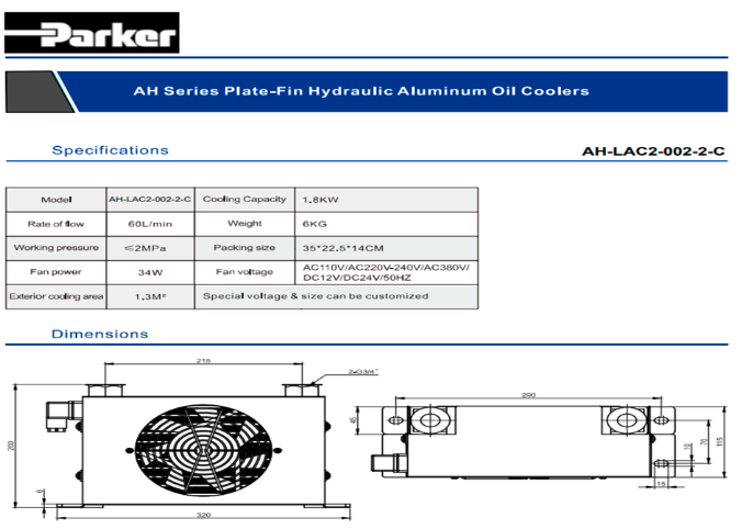 Quạt làm mát dầu AH-LAC2-002-2-C-00-0000-0-0 Parker chính hãng, giá tốt
